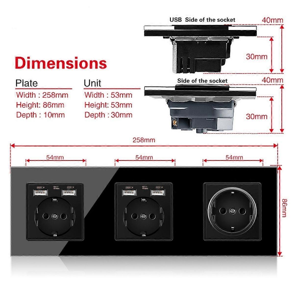 EU Wall Triple Sockets 16A With 4 USB 2.1A, Flush-Mounted 3-Way Power ...