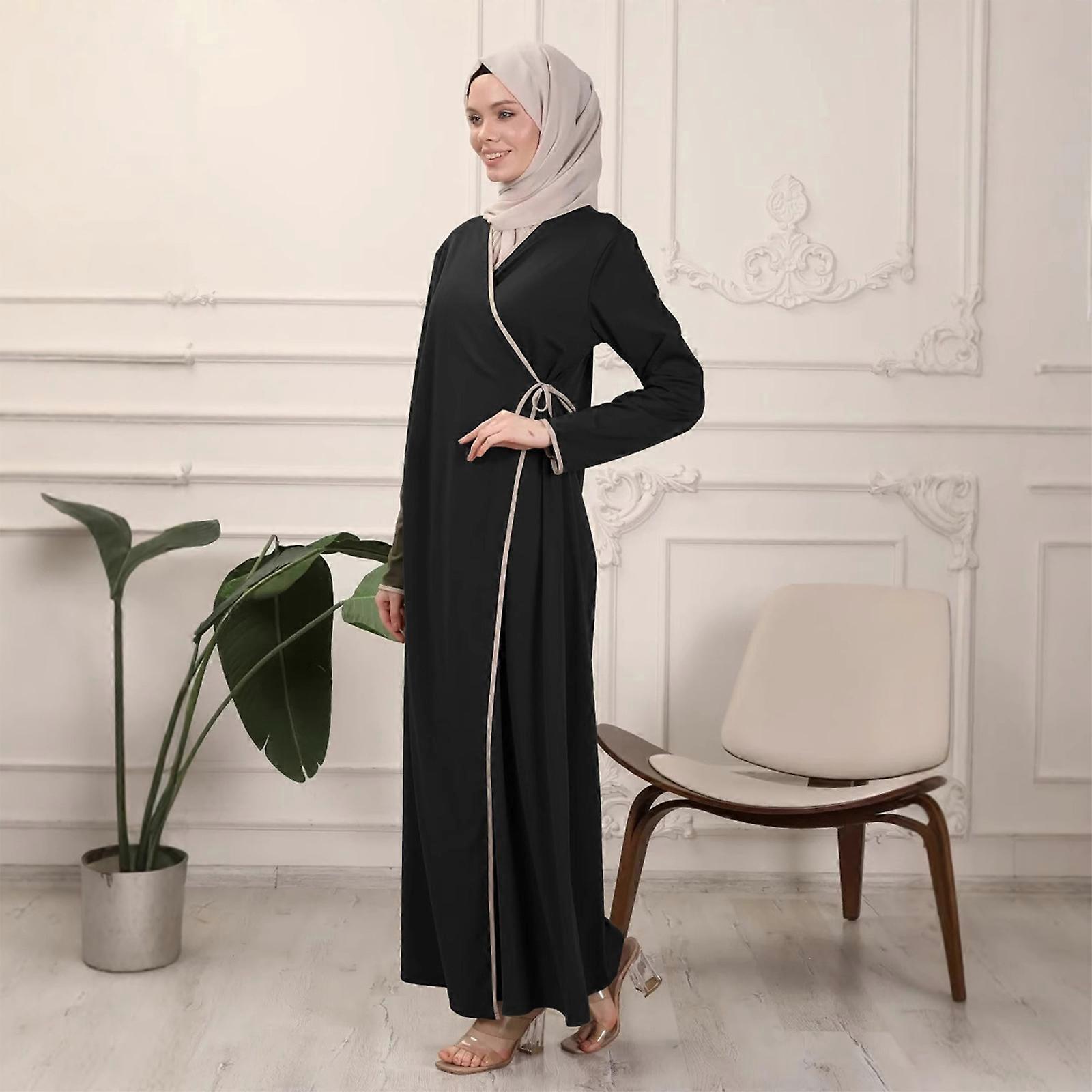 Islamic Women Kaftan Dress Tie Waist Robe Full Length Middle Eastern ...