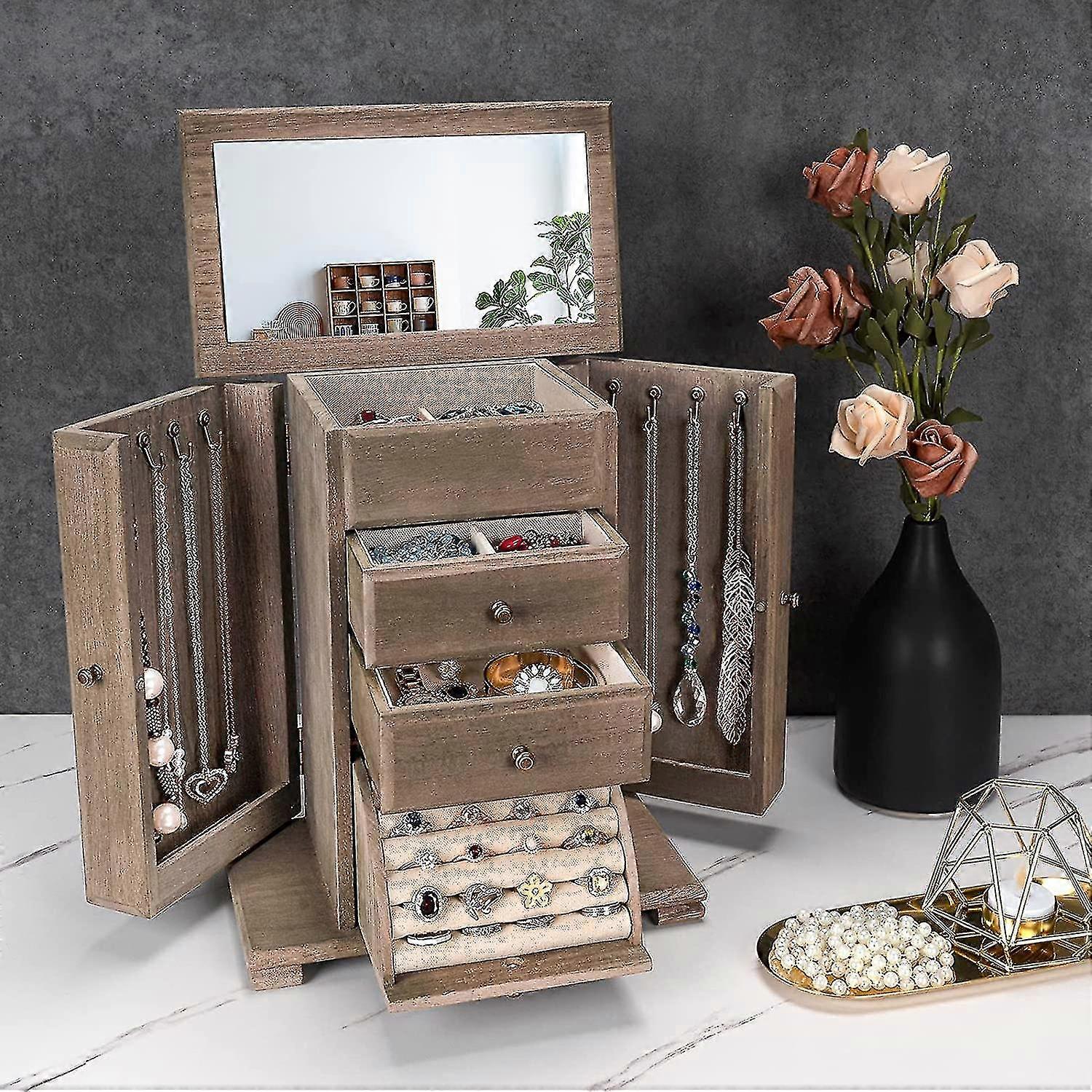 Jewellery Box For Women Girls, Rustic Wooden Large Jewelry Boxes ...