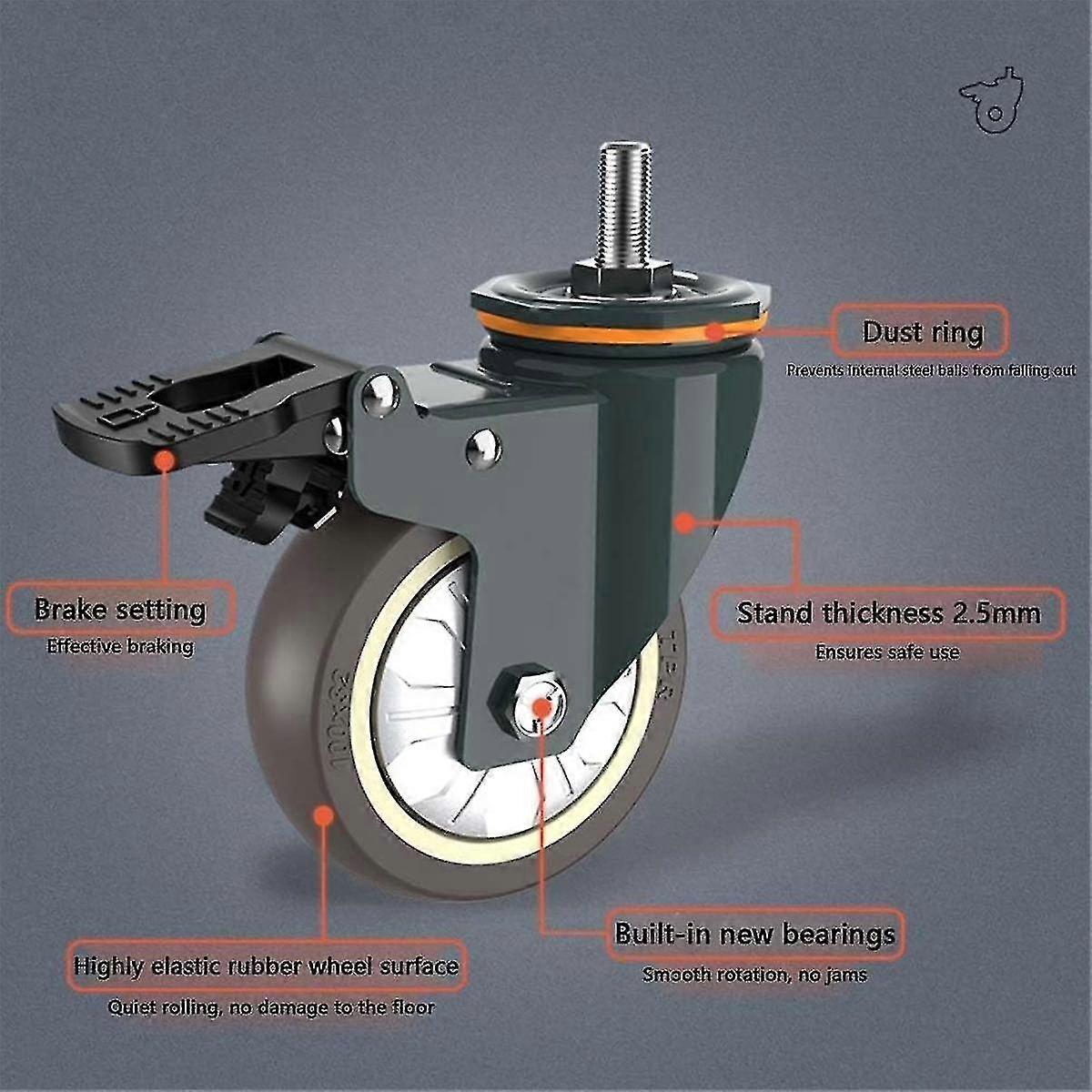 Caster Wheels,4 Pcs M16 Thread Heavy Duty Wheels With Brake Universal ...