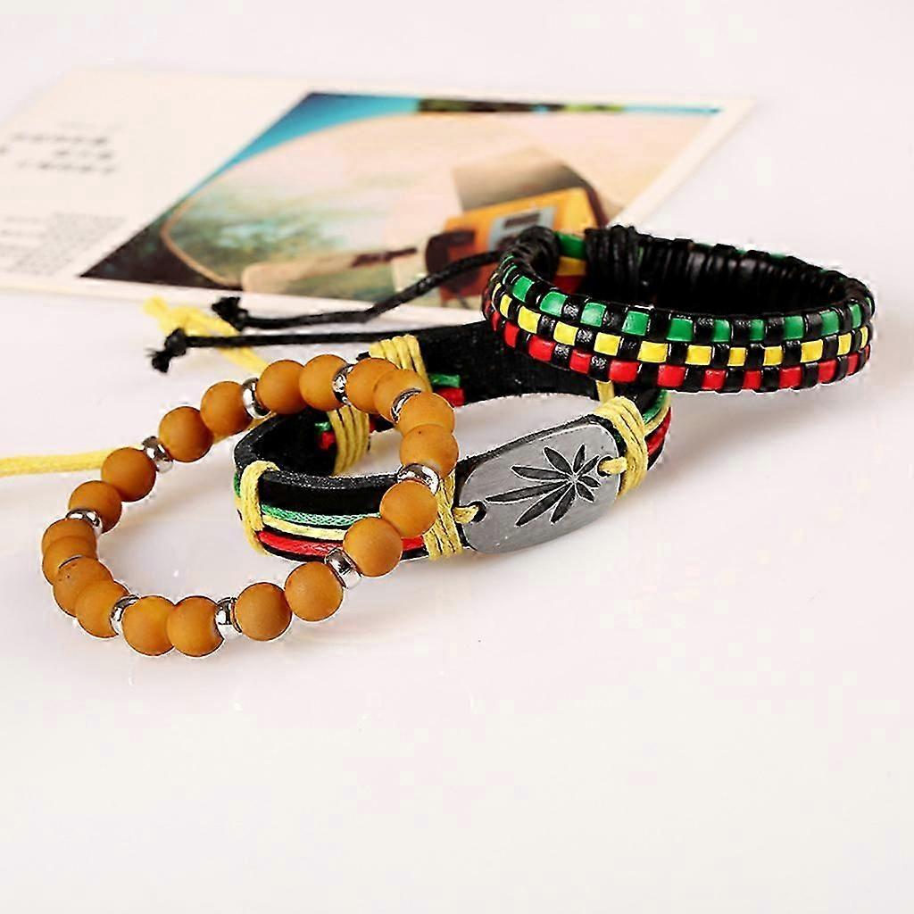 Rasta Reggae Jewelry 3x Jamaica Leather Bracelet Weed Hemp Cord Woven ...