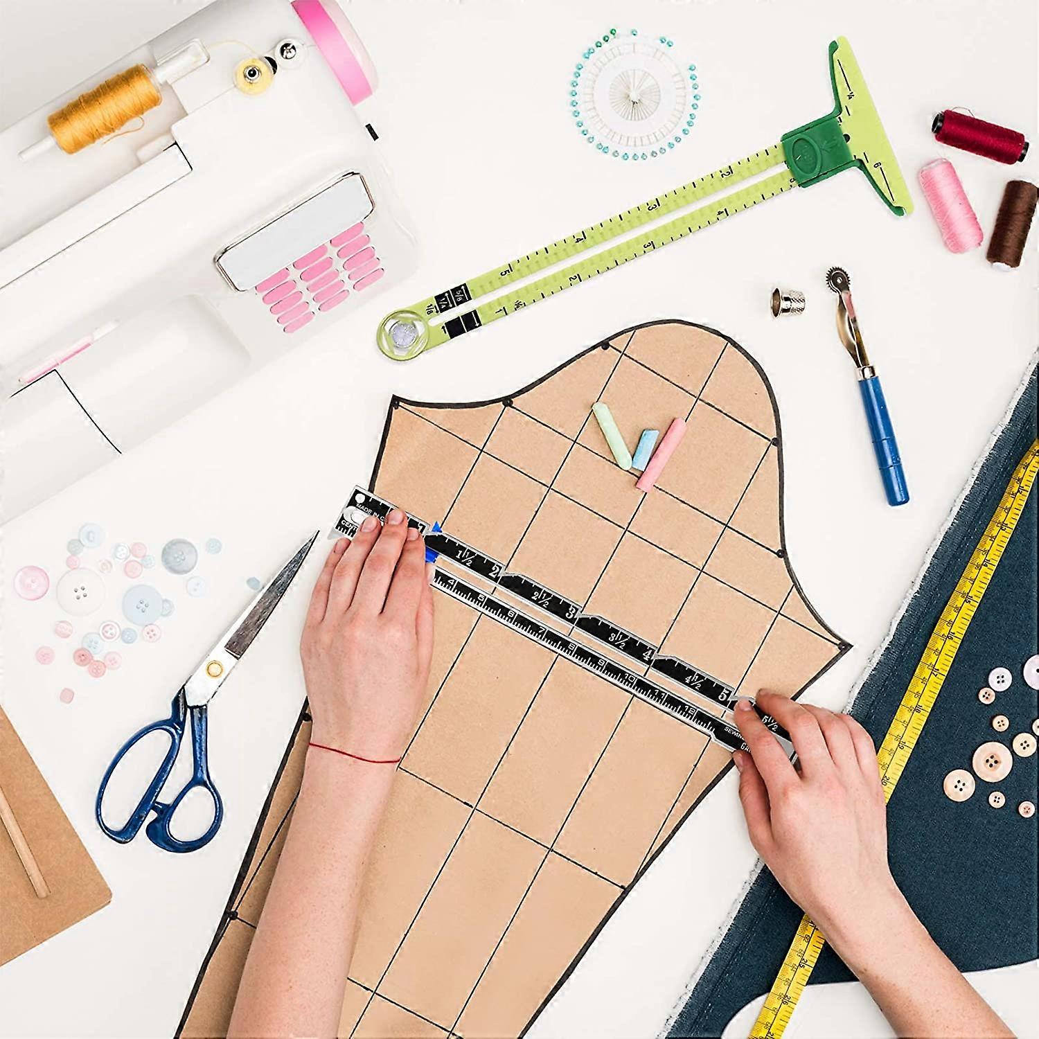 2 Pieces Sewing Measuring Tool, 5-in-1 Sliding Gauge Measuring Fabric ...