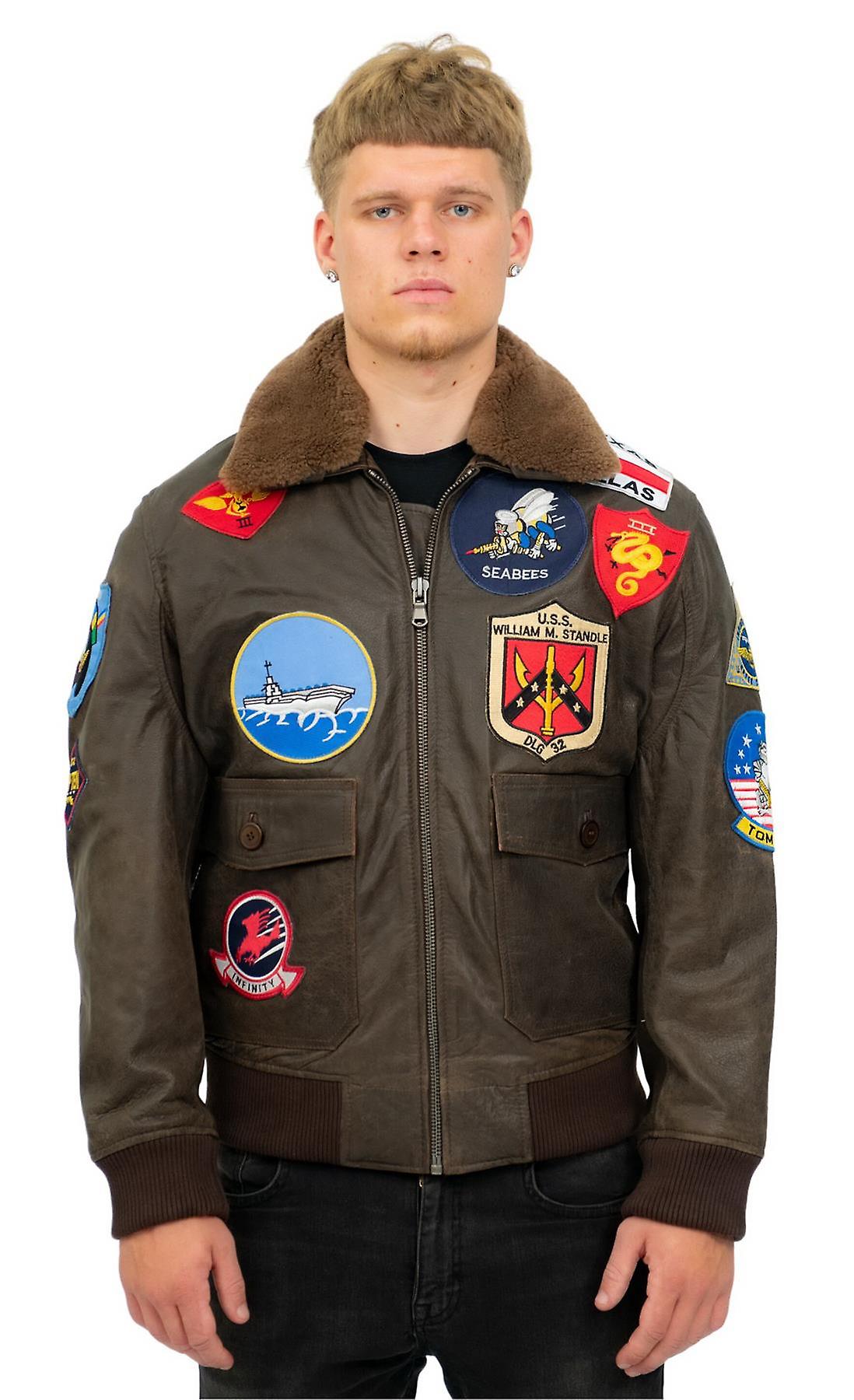Men's TOPGUN Brown Sheepskin Collar Maverick A2 Bomber Jacket | Fruugo NO