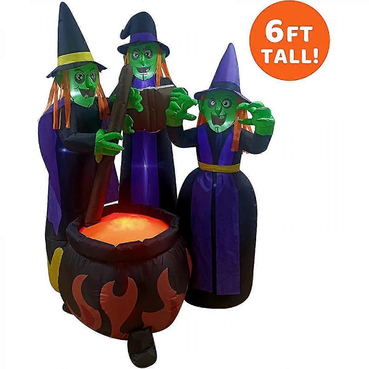 6 Ft Tall Halloween Inflatable Three Witch Around Cauldron With Flame ...