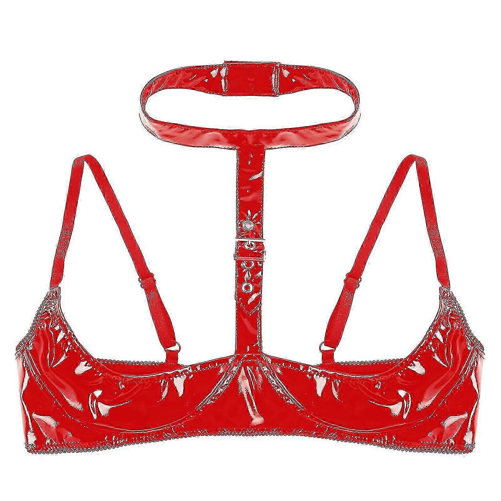 Otwoo Womens Wet Look Patent Leather Bra Lingerie Halter Neck Open ...