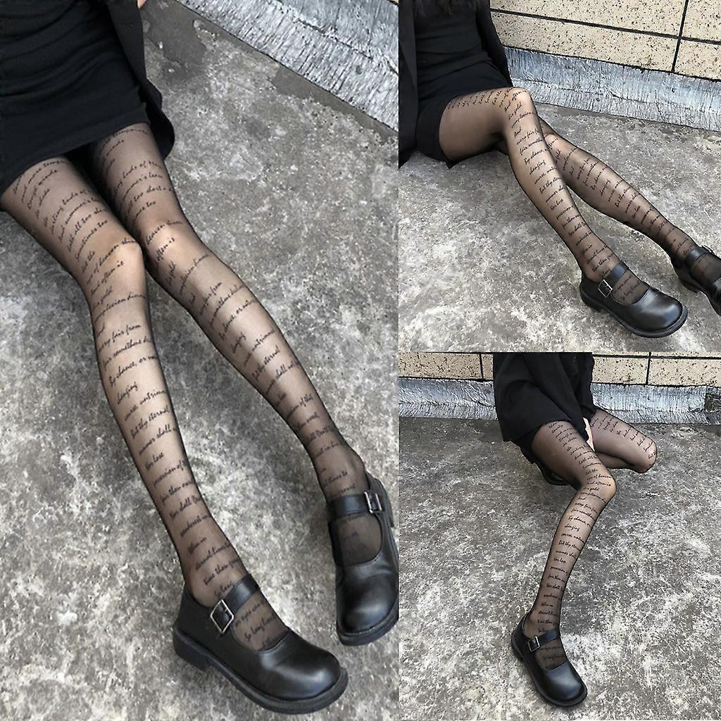 Women Sexy See Through Letters Print Tights Crotch Opening Sheer Mesh ...