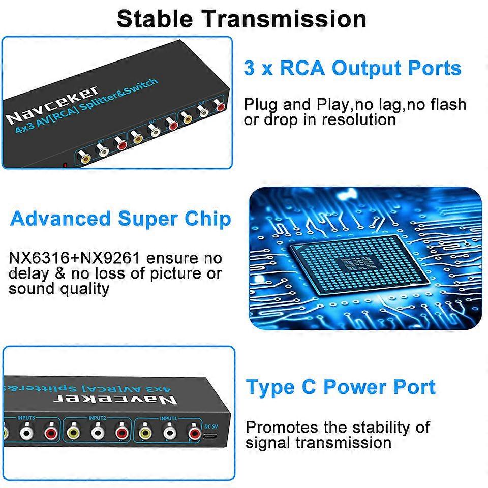 4 Ports AV Signal Inputs Composite RCA AV Switcher Splitter Audio Video ...