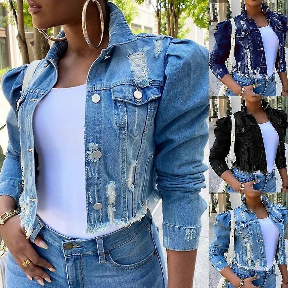 Women Sexy Ripped Denim Jackets Vintage Casual Short Jean Jacket Puff ...