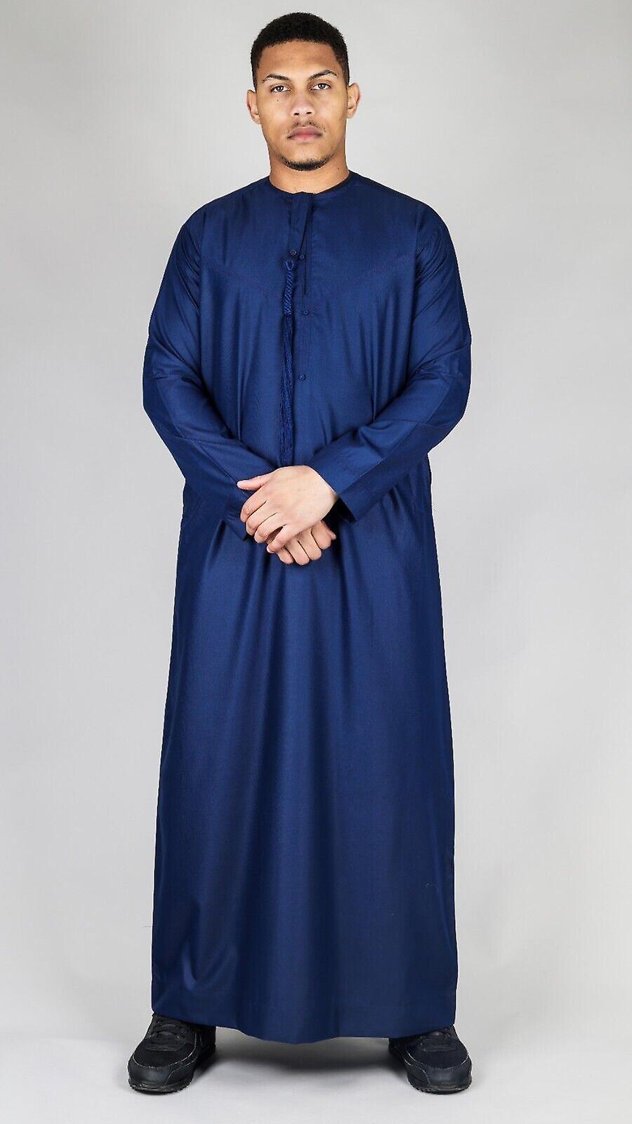 Men's Navy Blue Thobe Emirati Islamic Jubba Robe Eid Tassel Slim Fit ...