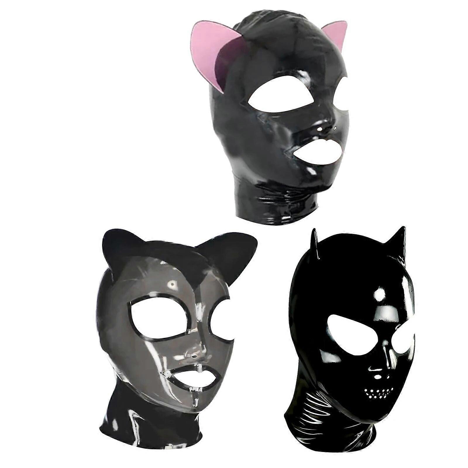 Women Men Latex Hood Mask Open Eyes Mouth Mask Cat Ears Devil Hood Unique Club Wear Headgear ...
