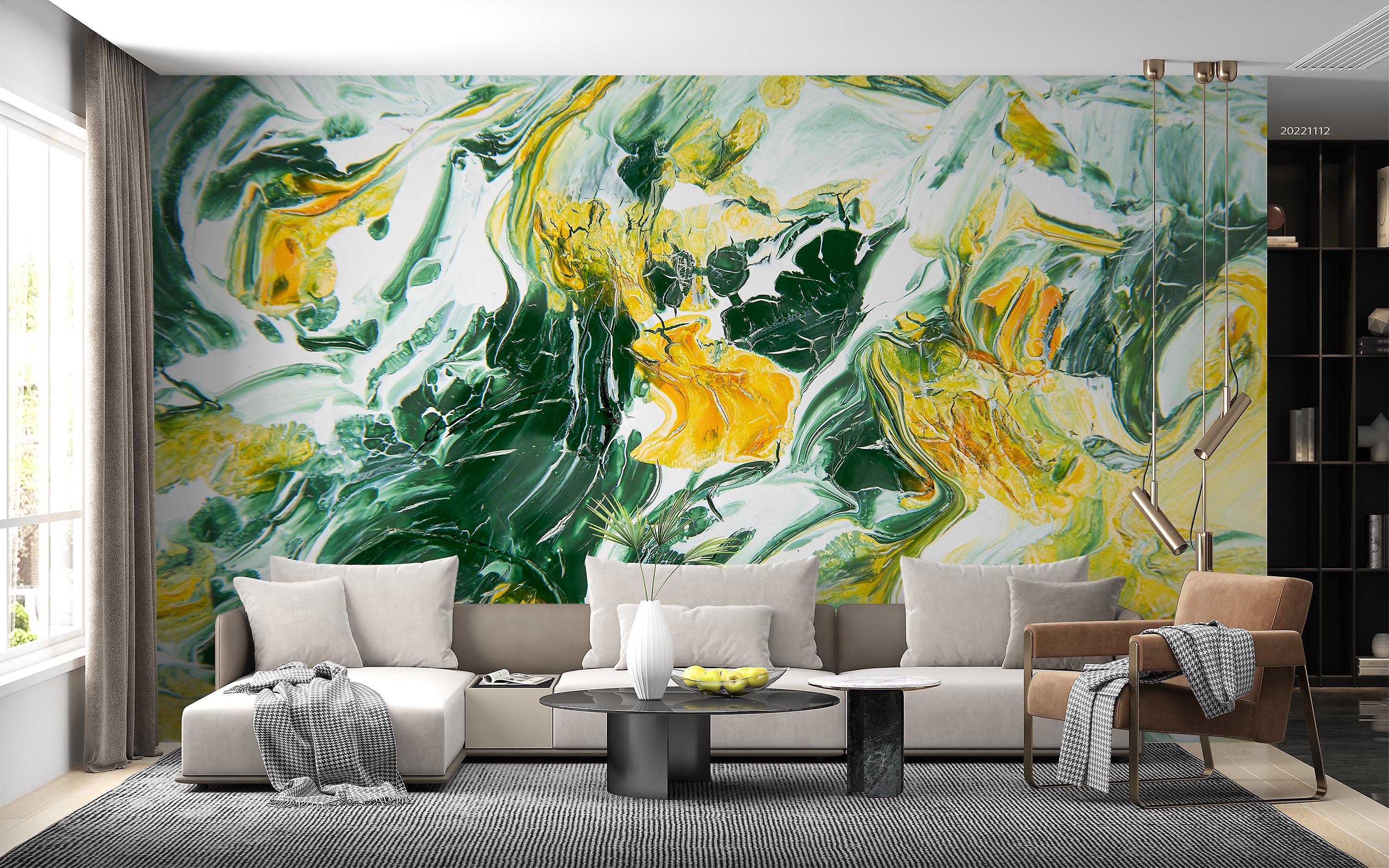 3D Abstract Watercolor Background Green Yellow Wall Mural Wallpaper Gd ...
