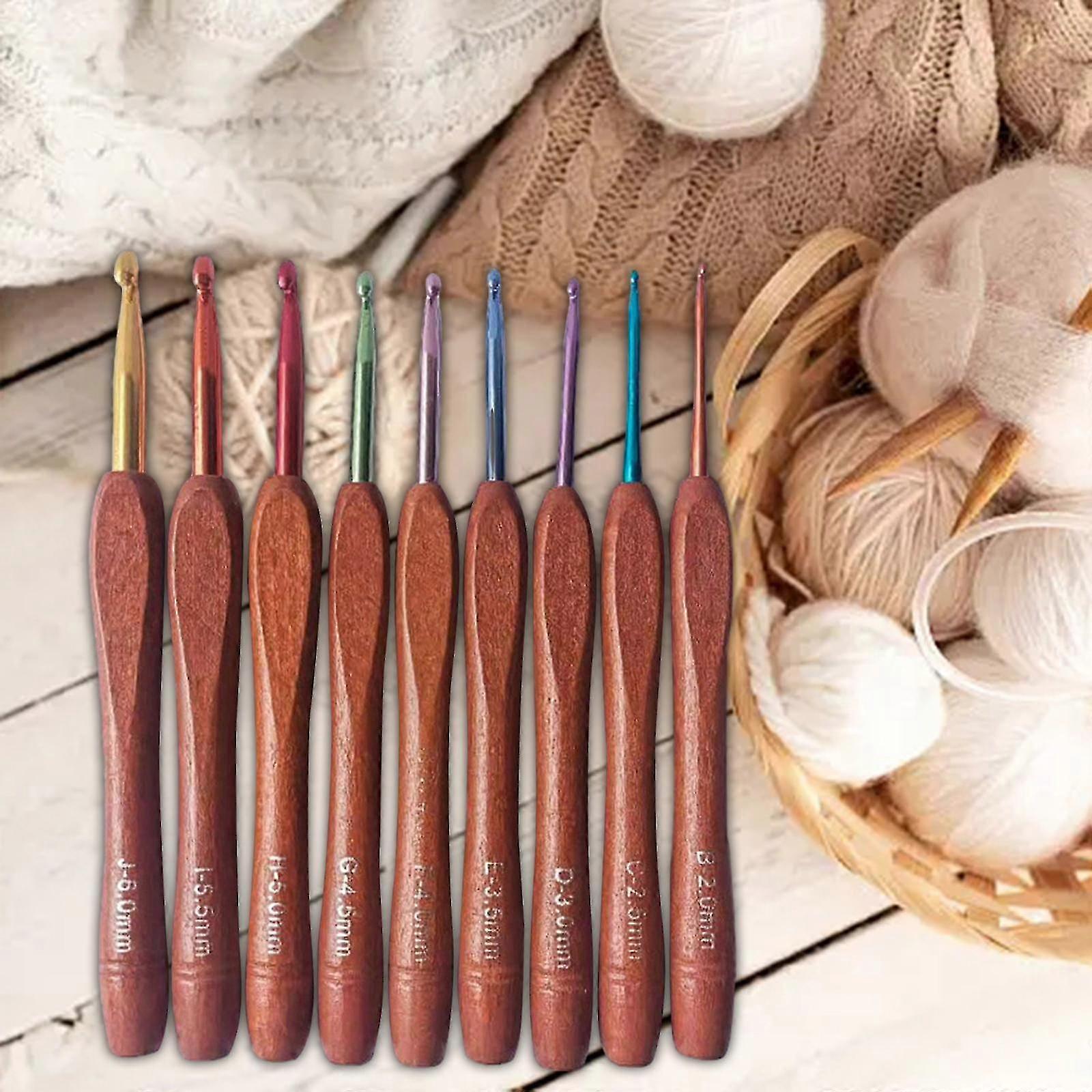 9x Crochet Hooks Set Crochet Pins Diy With Wooden Handle 9 Sizes Crafts ...