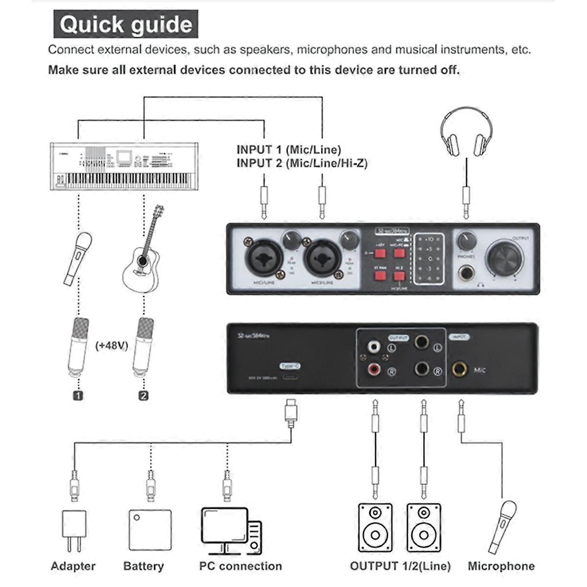 2 in 2 Out USB Audio Interface 32Bit/384KHZ Studio Kit Record ...