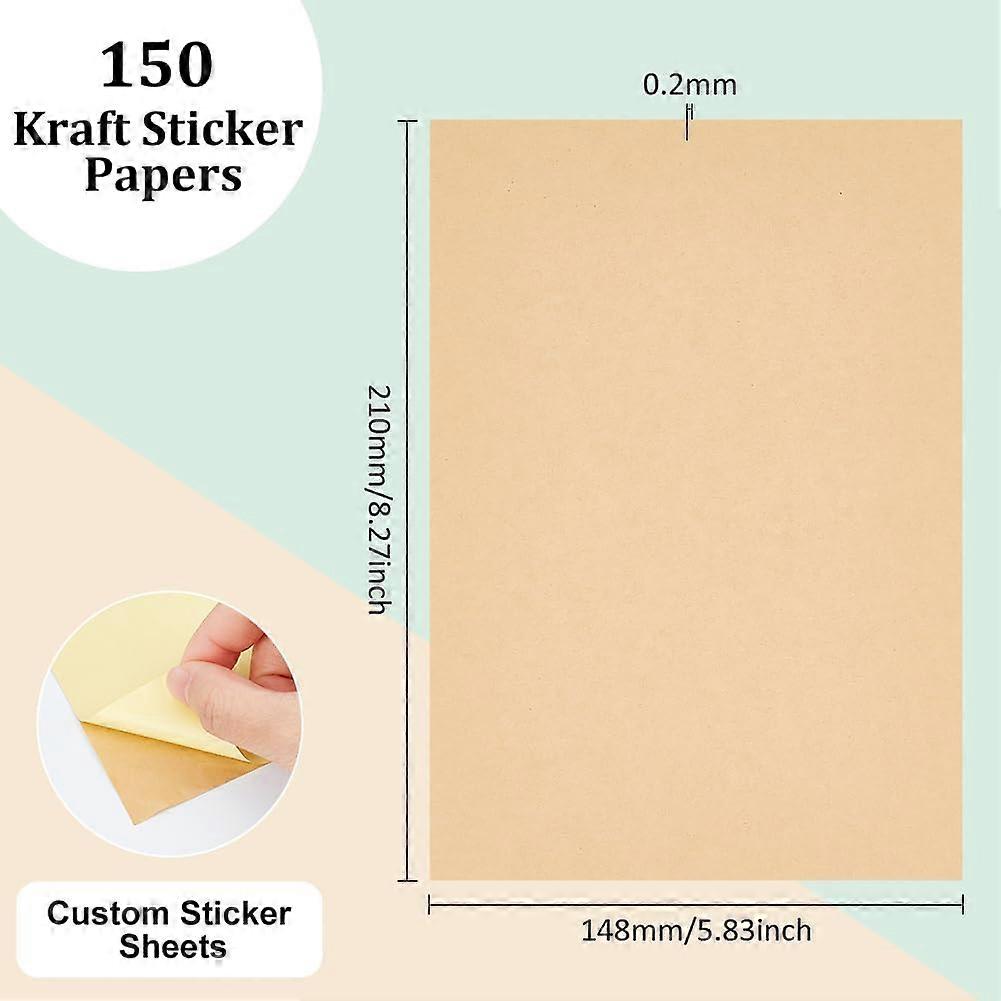150 Sheets A5 Self-Adhesive Kraft Paper Brown Printable Sticker Kraft ...