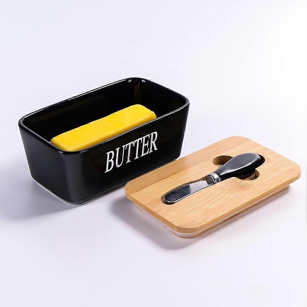 Large Ceramic Black Butter Dish with Lid for Countertop, Covered Butter ...