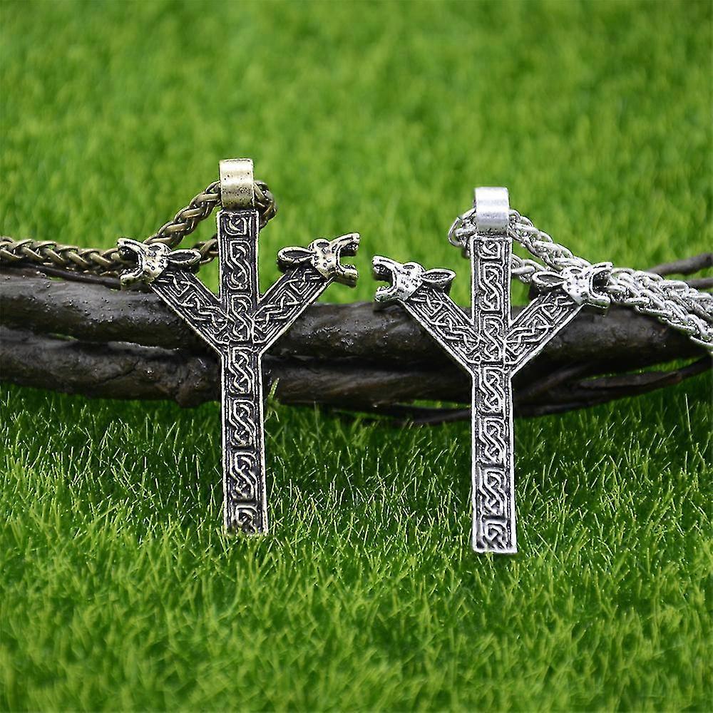 Norse Runes Algiz Protection Amulet Wolf Heads Talisman Viking Necklace ...