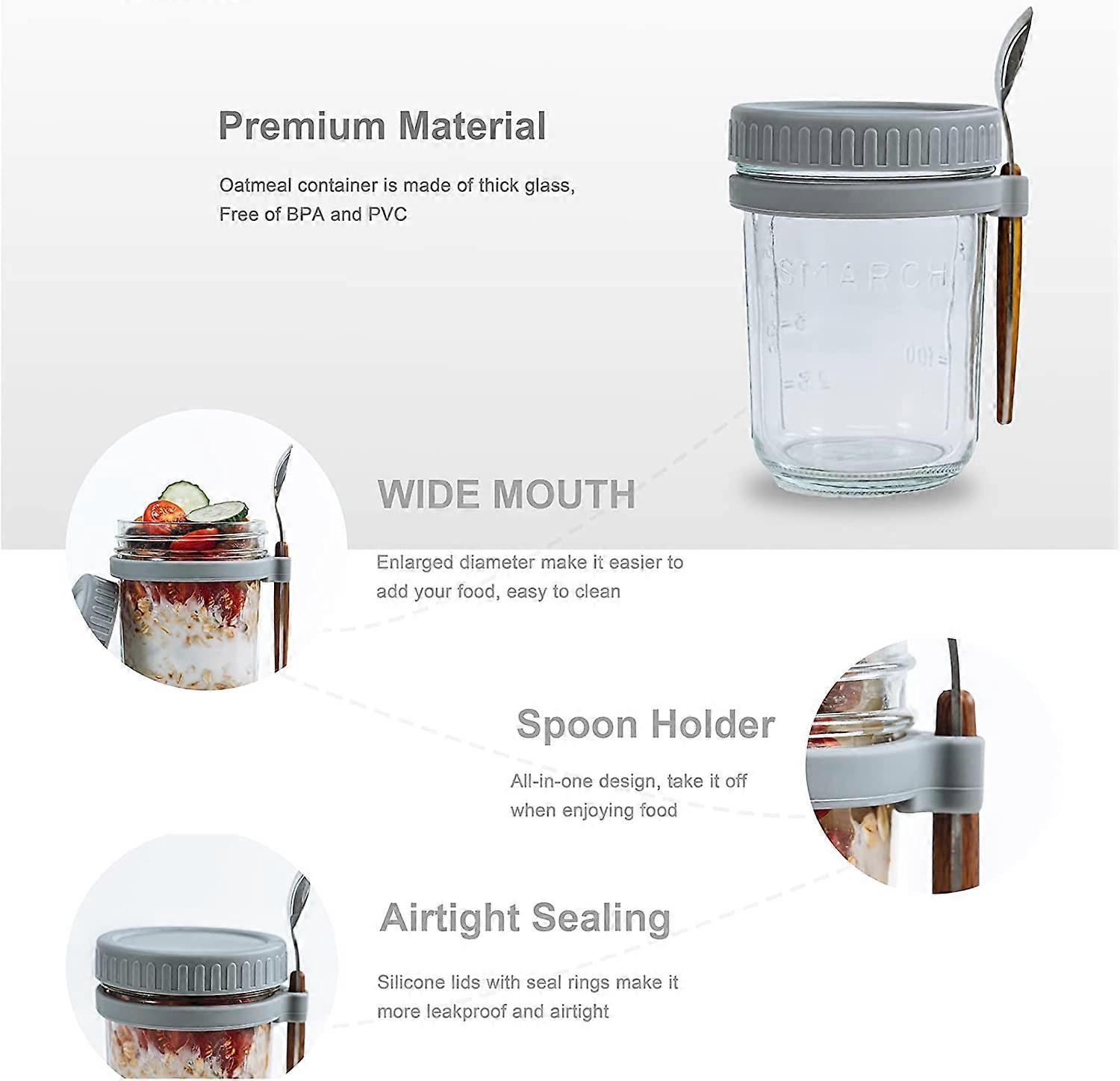 Overnight Oats Jars with Lid and Spoon10 oz Large Capacity Airtight Oatmeal Container with ...