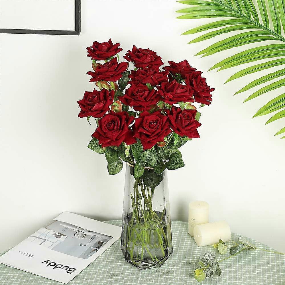 12pcs Artificial Roses Velvet Flowers with Long Stem Fake Roses Bouquet ...