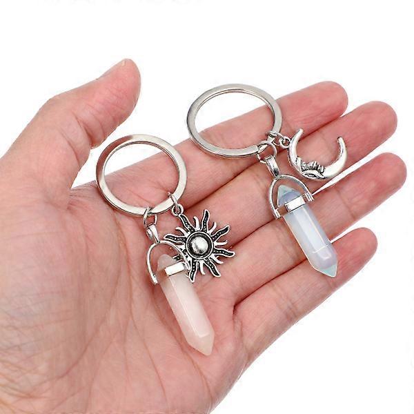 2 Pcs Moon Pendant Keychains Sun Key Rings with Hexagonal Crystal Stone ...