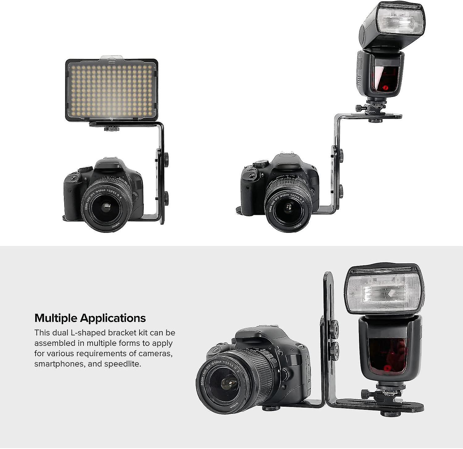 Dual L Shape Camera Flash Bracket, Metal Aluminum Alloy, 1/4" Universal ...
