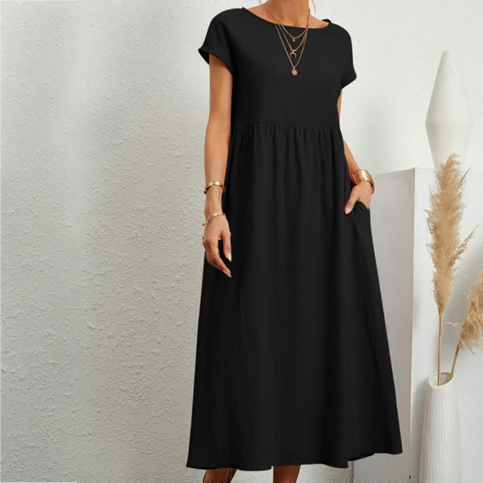 Women Summer Plus-Size Cotton Linen Dresses Ladies Short Sleeve Midi ...