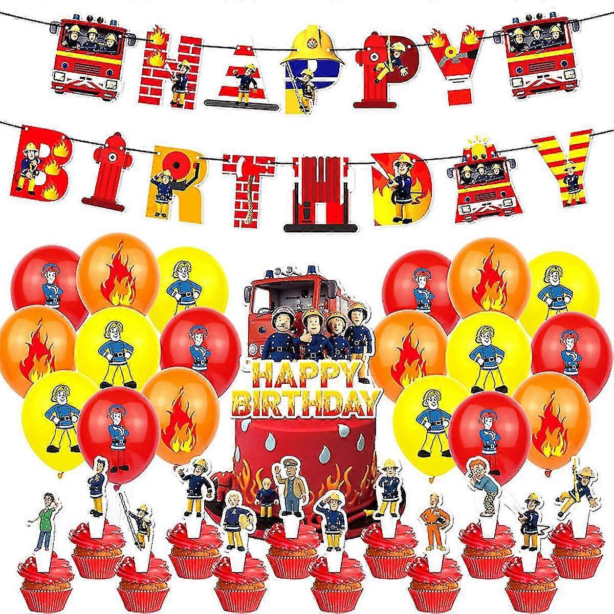 Fireman Sam Happy Birthday Balloon Set Latex Balloons Party Decoration ...