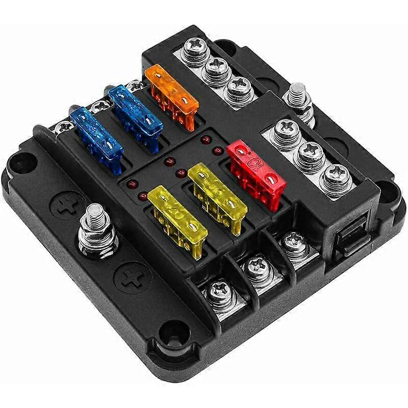 6 Way 12V Fuse Box, Fuse Holder Blade Fuse Blocks with 16 Fuses 6 LED ...