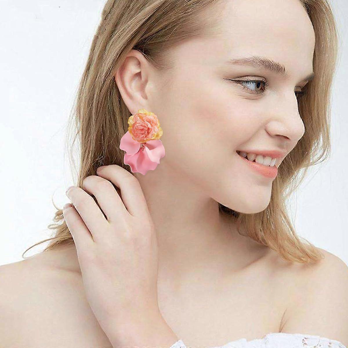 Chiffon Acrylic Rose Petal Earrings Dangle Exaggerated Flower Earrings ...