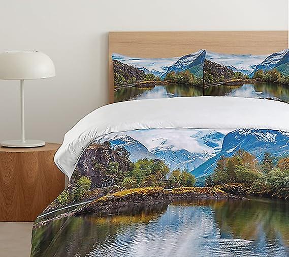 Nature Duvet Cover Set Norway Mountain Range Snowy Peaks By The Lake ...