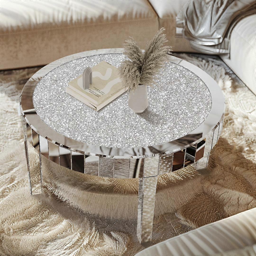 FATIVO Large Round Mirrored Coffee Table Beveled Bling Crushed Diamond ...