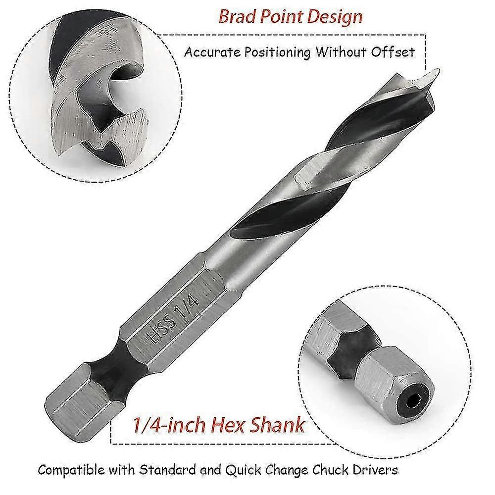 6pcs 1/4" Quick Change Hex Shank Wood Brad Point Stubby Short Drill Bit ...