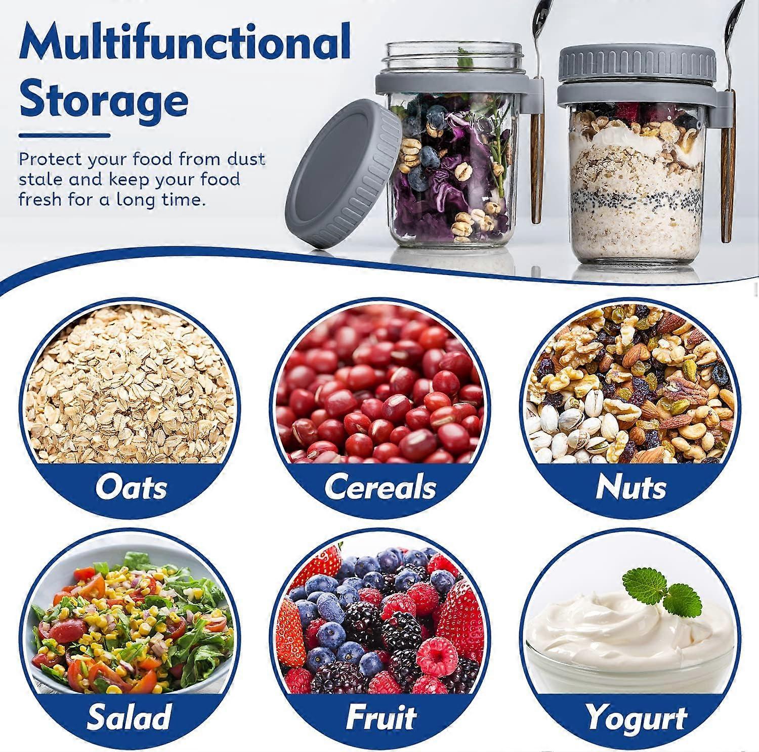 2 glass overnight oats jars with lids and spoons for milk, cereal ...