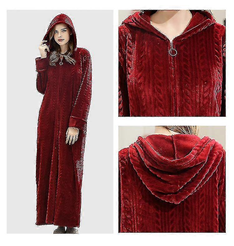 Women Hooded Dressing Gown Bathrobe Warm Soft Fleece Zip Long Robes Z ...