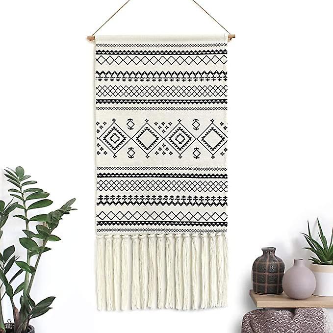 Bohemian Style Aztec Macrame Wall Hanging Cotton Handmade Banner with Fringe and Copper Rod for ...