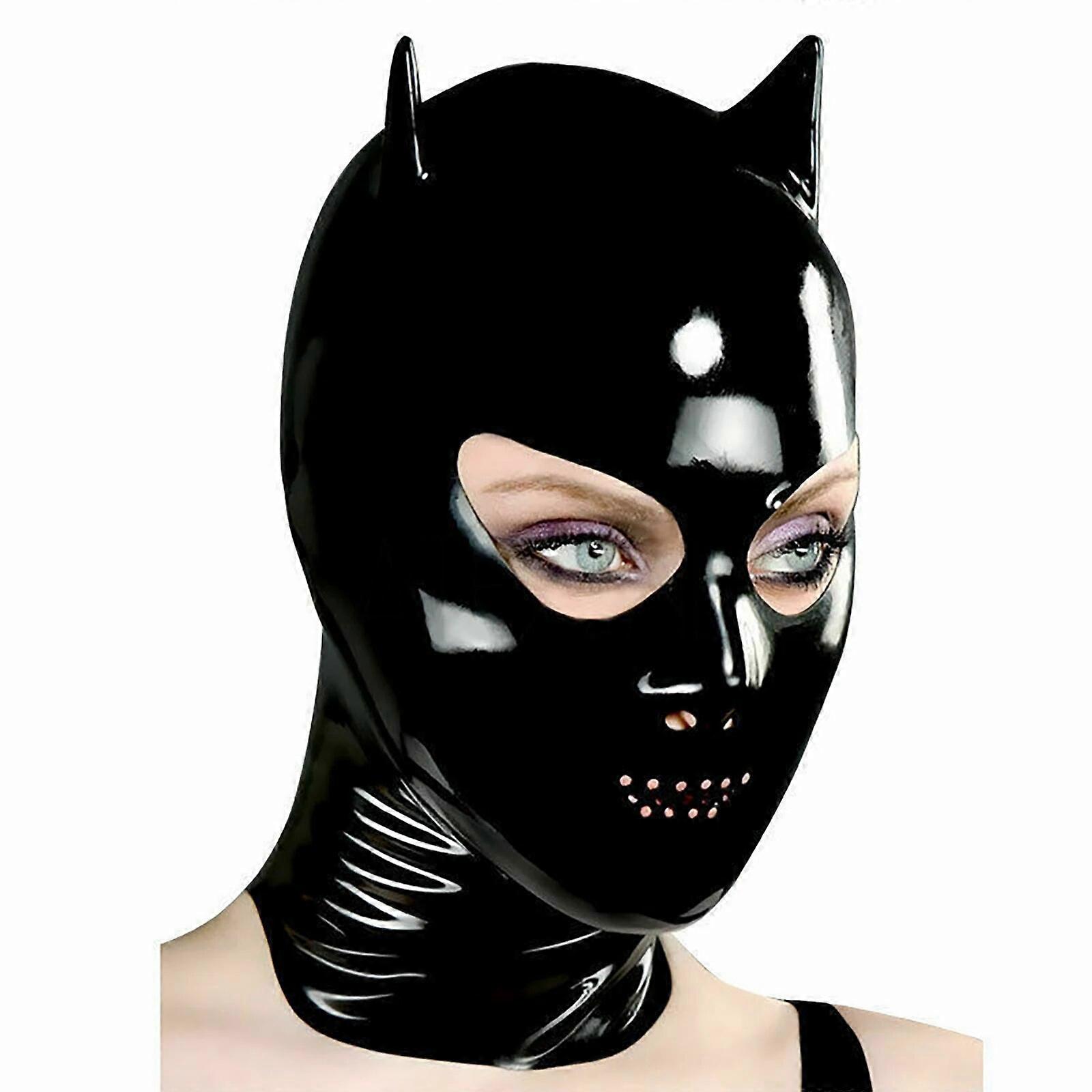 Women Men Latex Hood Mask Open Eyes Mouth Mask Cat Ears Devil Hood Unique Club Wear Headgear ...