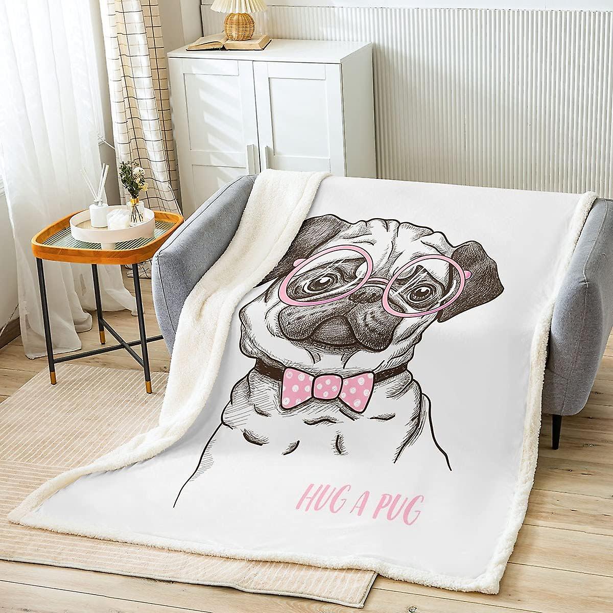 Hund Fleece Sherpa Filt Barn Söt Mops Hund Kasta Filt Pojkar Flickor ...