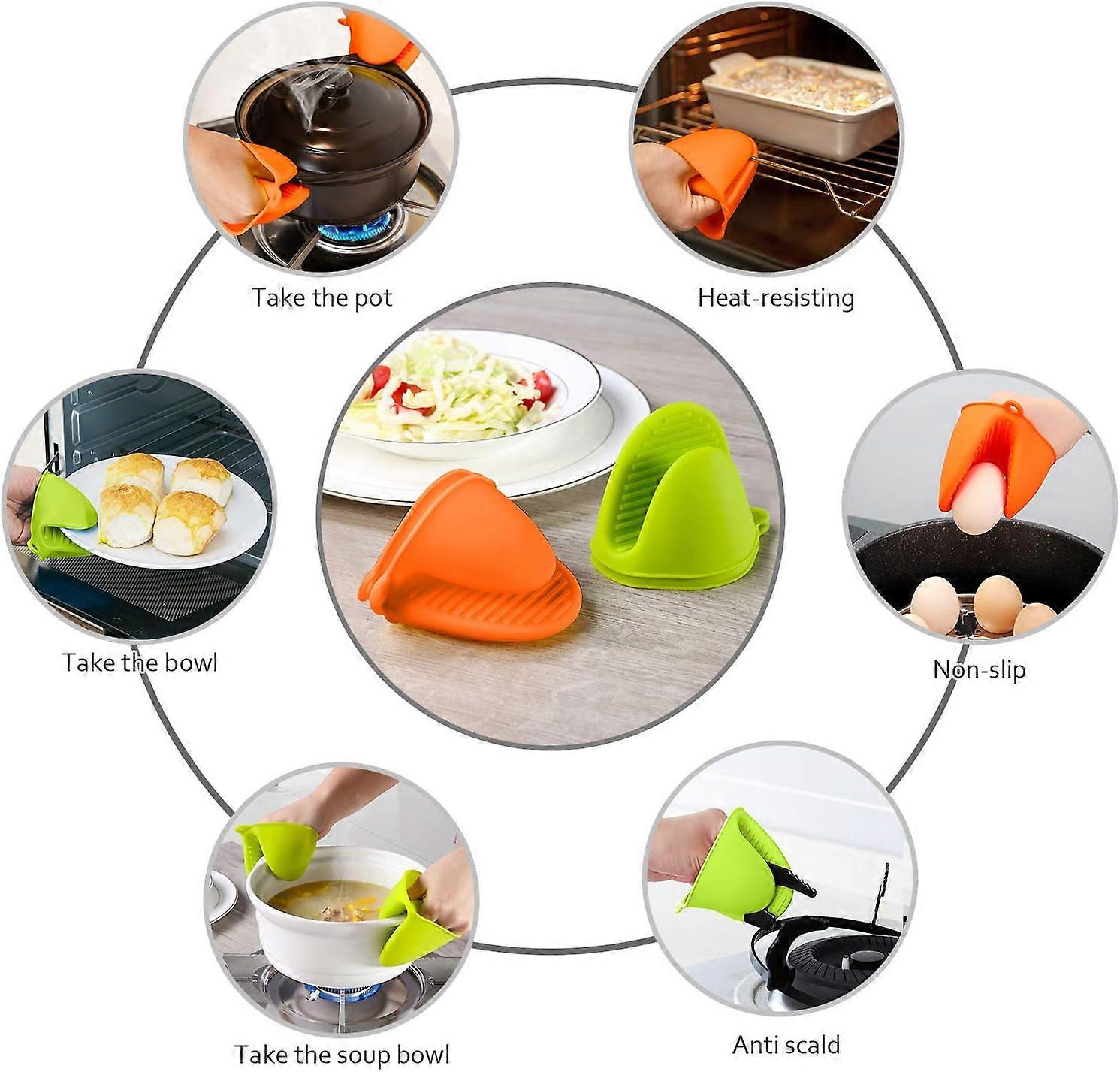 Silicone Oven Mitts, 4pcs (Green+Orange) Silicone Kitchen Pot Holders, Silicone Pot Holder Mini ...
