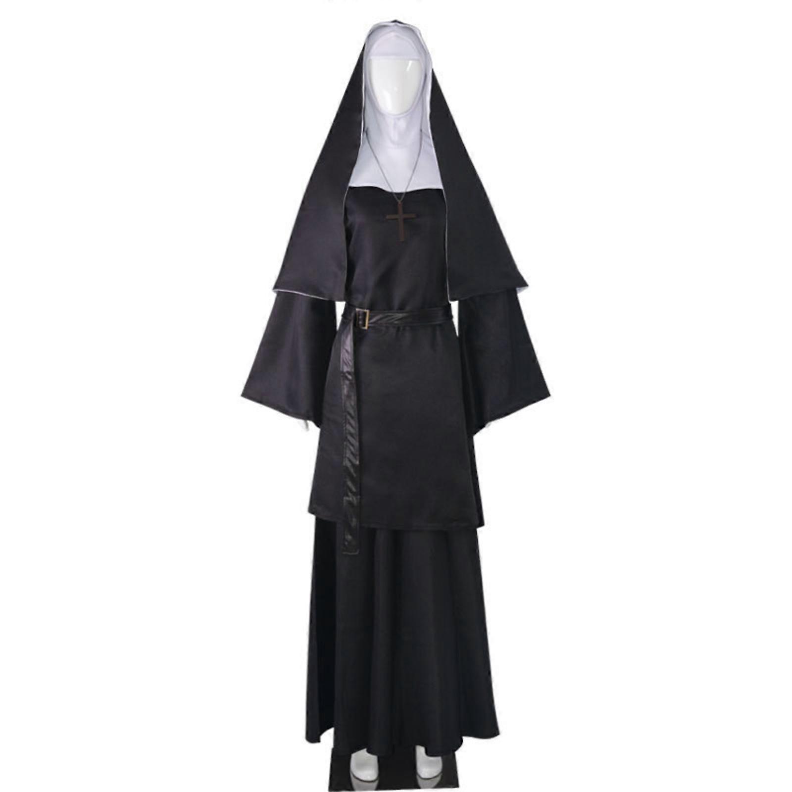 Halloween Nun Cosplay Costume 4-Pieces Set Nun Costume + Cape + Belt ...