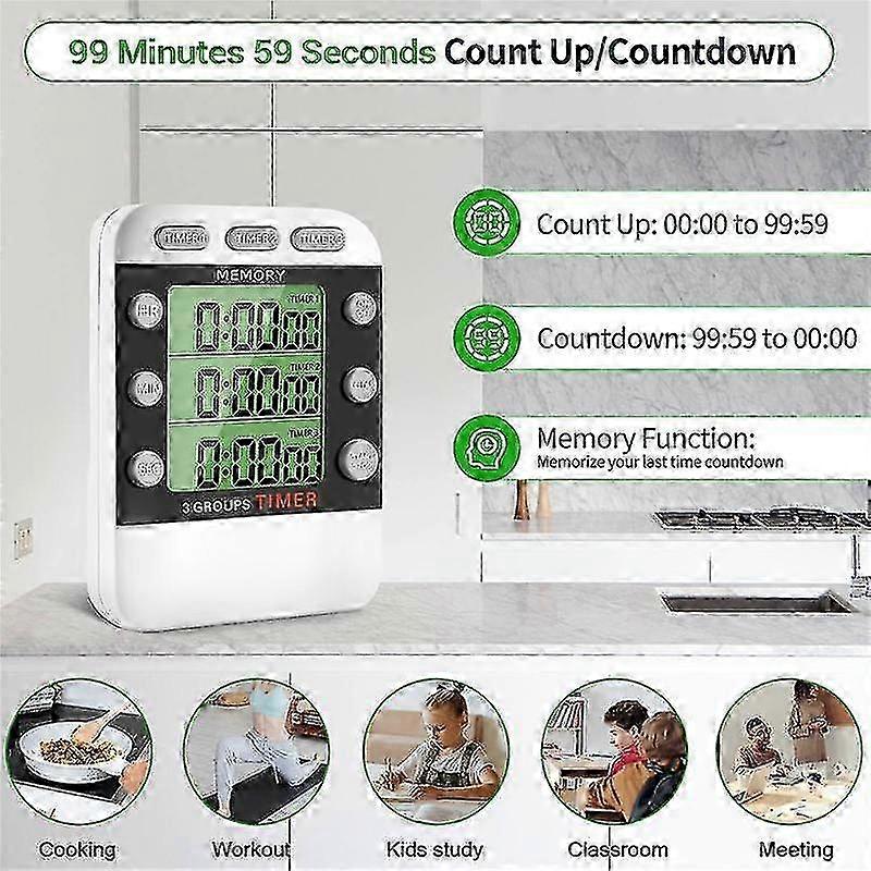 Digital Dual Kitchen Timer, 3 Channels Count Up/down Timer, Triple Cooking Timer, Large Display ...