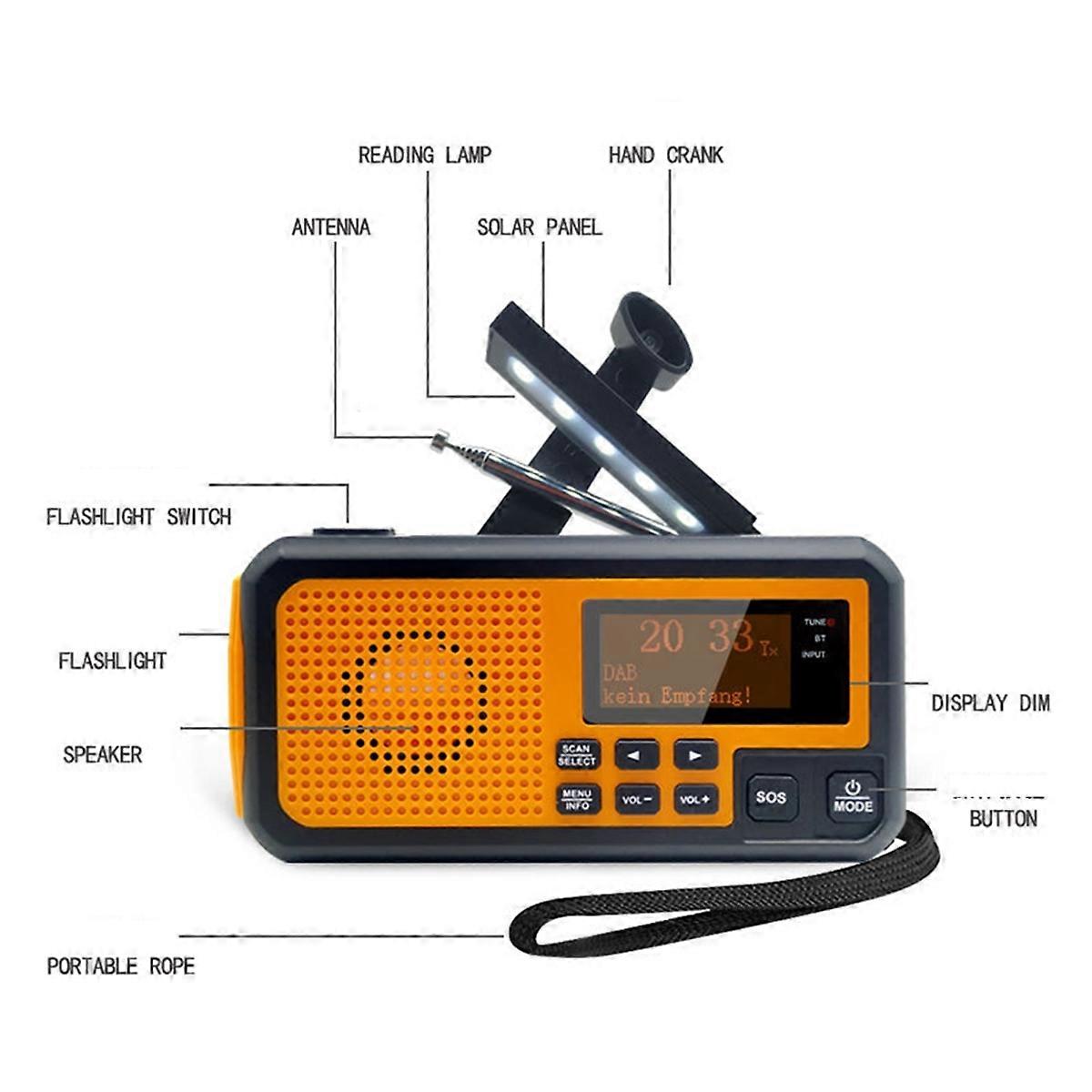 DAB373BT Crank Radio +FM BT Emergency Radio with 5000 MAh Battery Solar ...