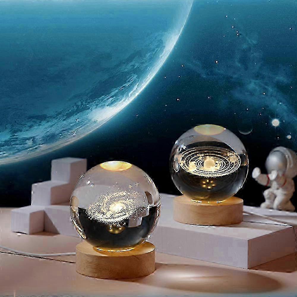 3D Planet Crystal Ball Night Light, Crystal Ball with Wooden Base, 3D ...