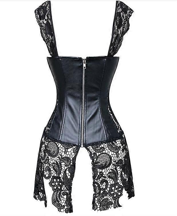 Goth Black Lace PU Leather Crochet Corset Basque Shapewear Plus Size ...
