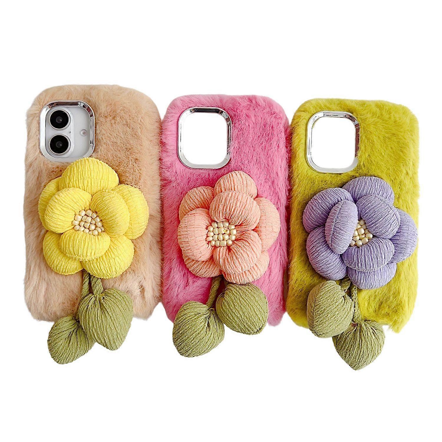 For iPhone 16 Plush Phone Case 3D Flower Decor Fluffy TPU Back Cover ...