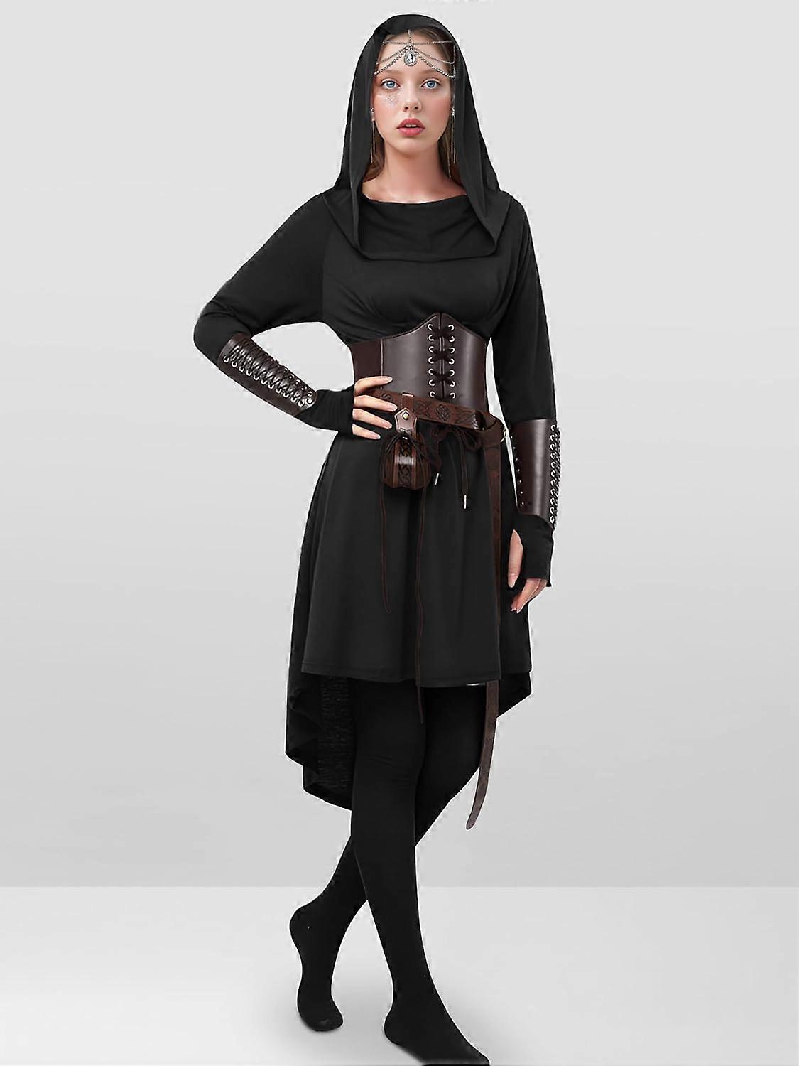 Women Renaissance Fairy Costumes Medieval Hooded Robe Lace Up Dress ...