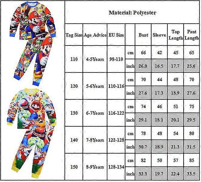 Super Mario Bros Children's Pajamas Set Pjs Sleepwear Little Boys Girls ...