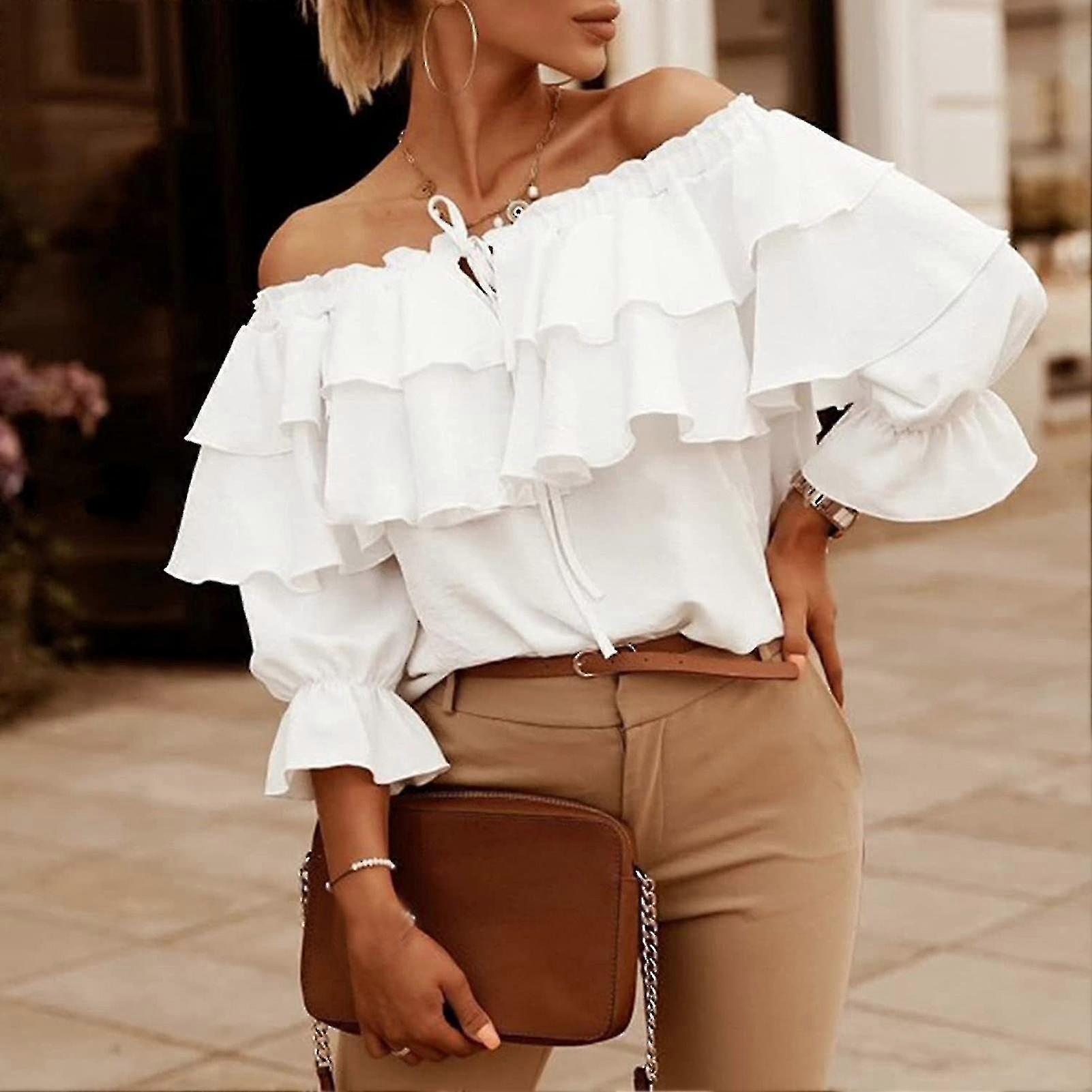 String Collar Layered Ruffle Women Blouse Off Shoulder Top | Fruugo UK