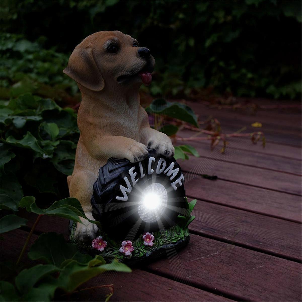 Solar Garden Dog Statue Welcome Sign with LED Lights Resin Solar ...