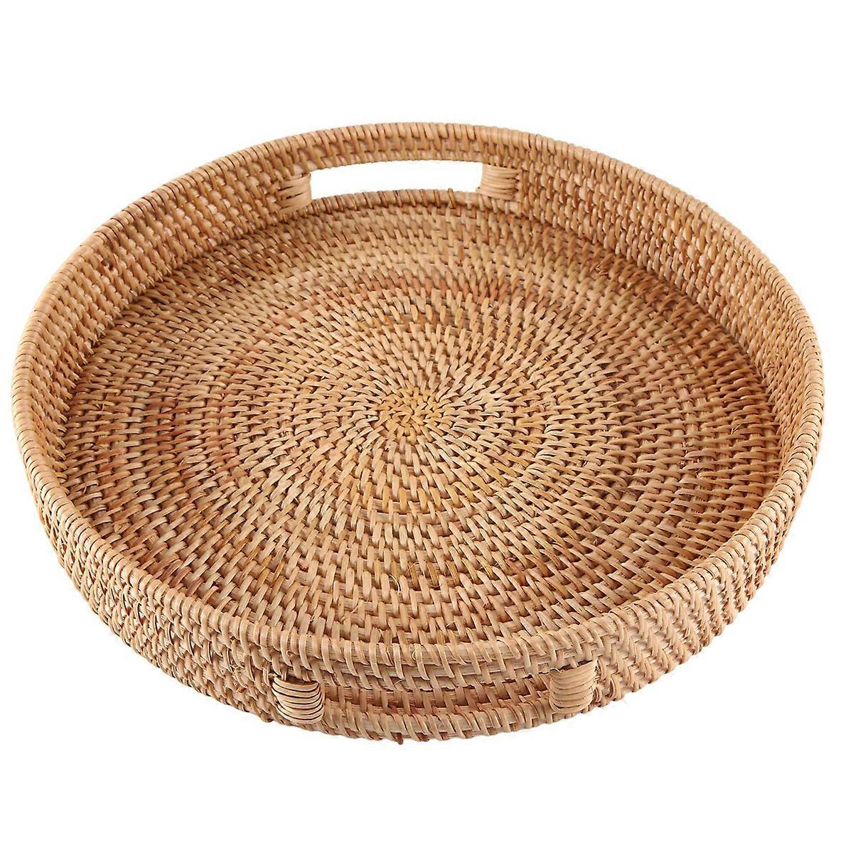 Round Rattan Serving Tray Decorative Woven Ottoman Trays with Handles ...