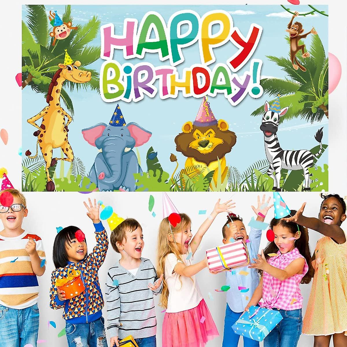 Cartoon Jungle Animal Birthday Banner Happy Birthday Theme Party ...