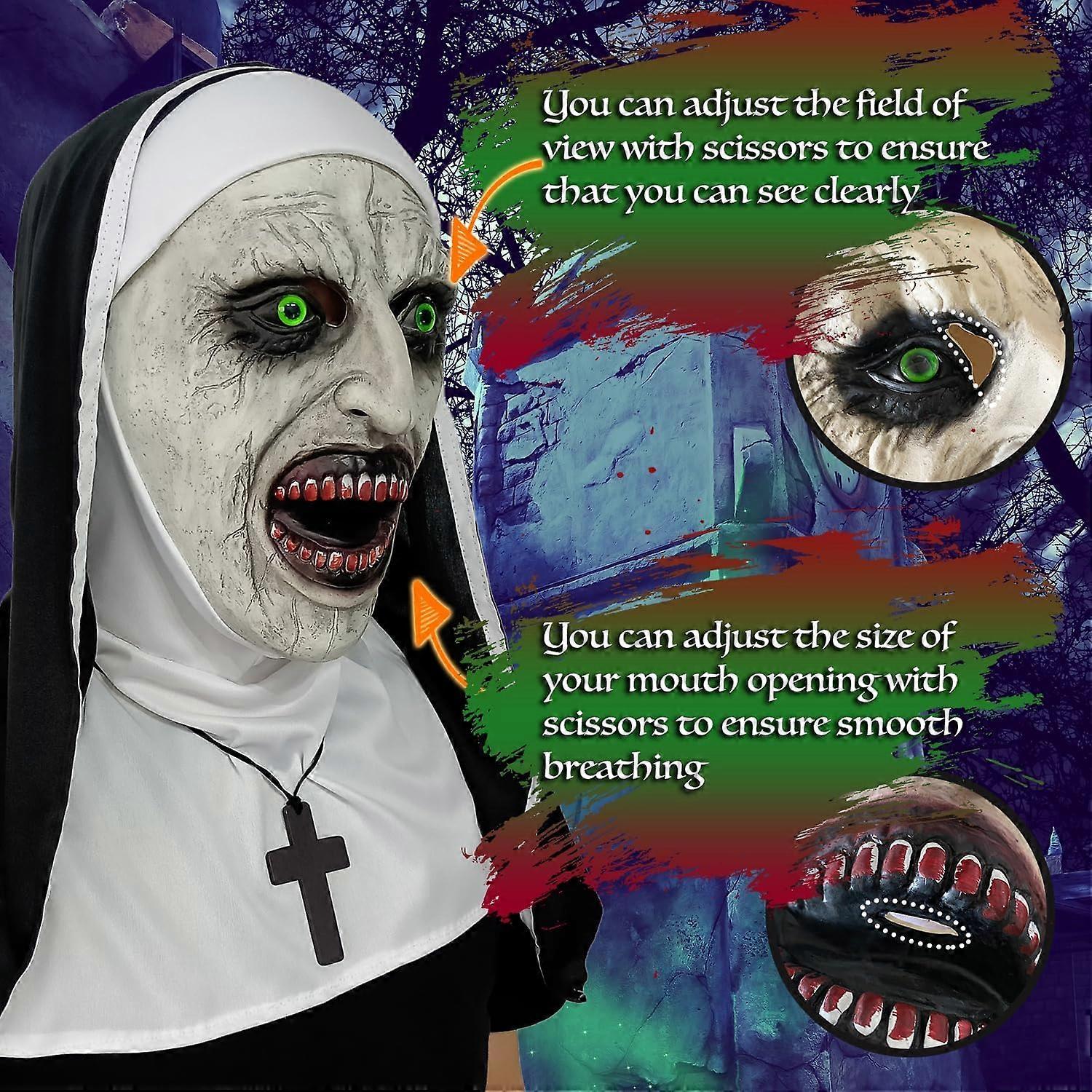 Halloween Mask Horror Nuns Mask, Scary Nun Mask with Headscarf, Latex ...